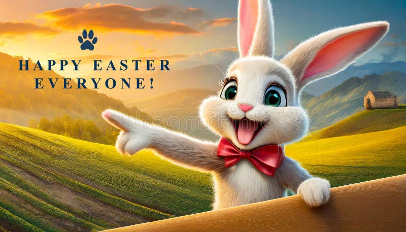 Cute Cartoon Bunny Points at Text "Happy Easter Everyone!" Stock ...