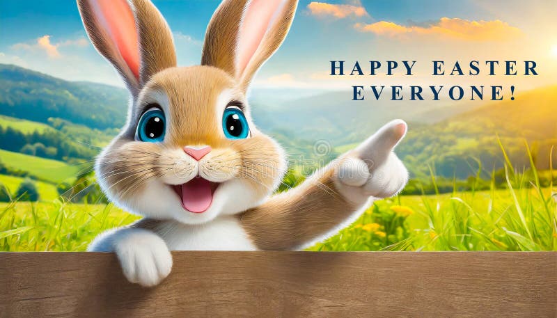 Cute Cartoon Bunny Points at Text "Happy Easter Everyone!" Stock ...