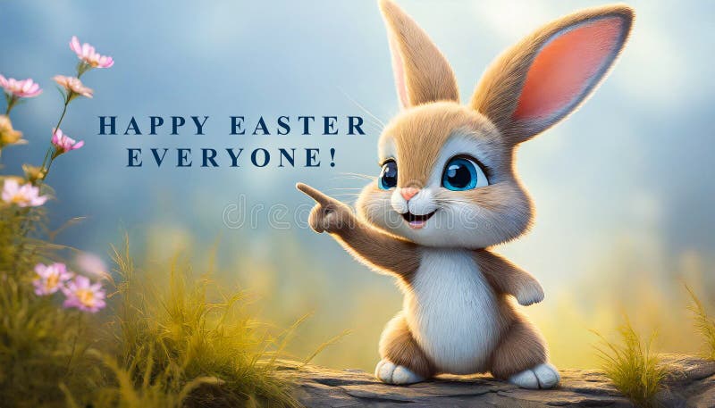 Cute Cartoon Bunny Points at Text "Happy Easter Everyone!" Stock ...