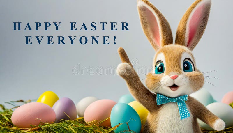 Cute Cartoon Bunny Points at Text "Happy Easter Everyone!" Stock Illustration - Illustration of ...