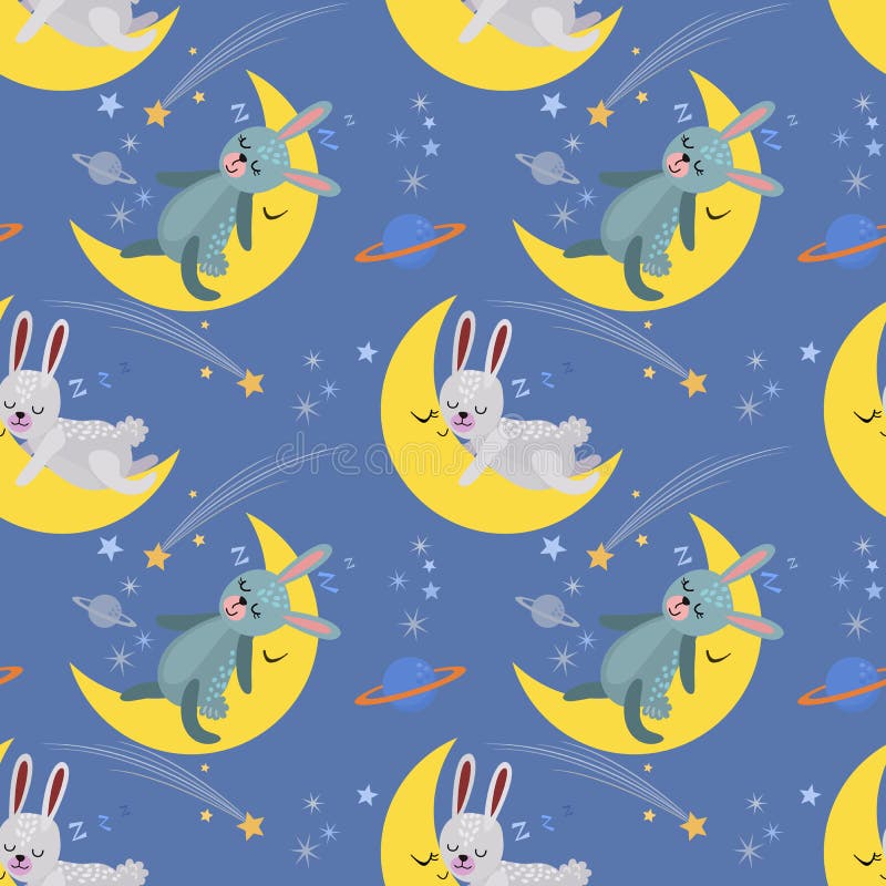 Cute Cartoon Bunny Sleeping on the Moon. Stock Vector - Illustration of ...