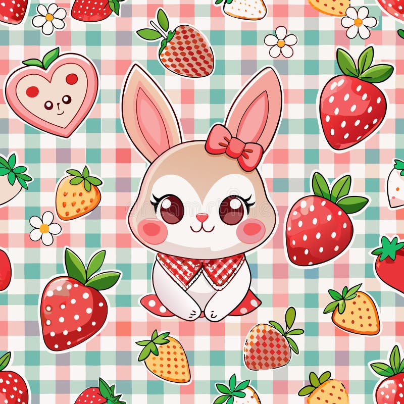 Cute Cartoon Bunny Surrounded by Strawberries on a Gingham Background ...