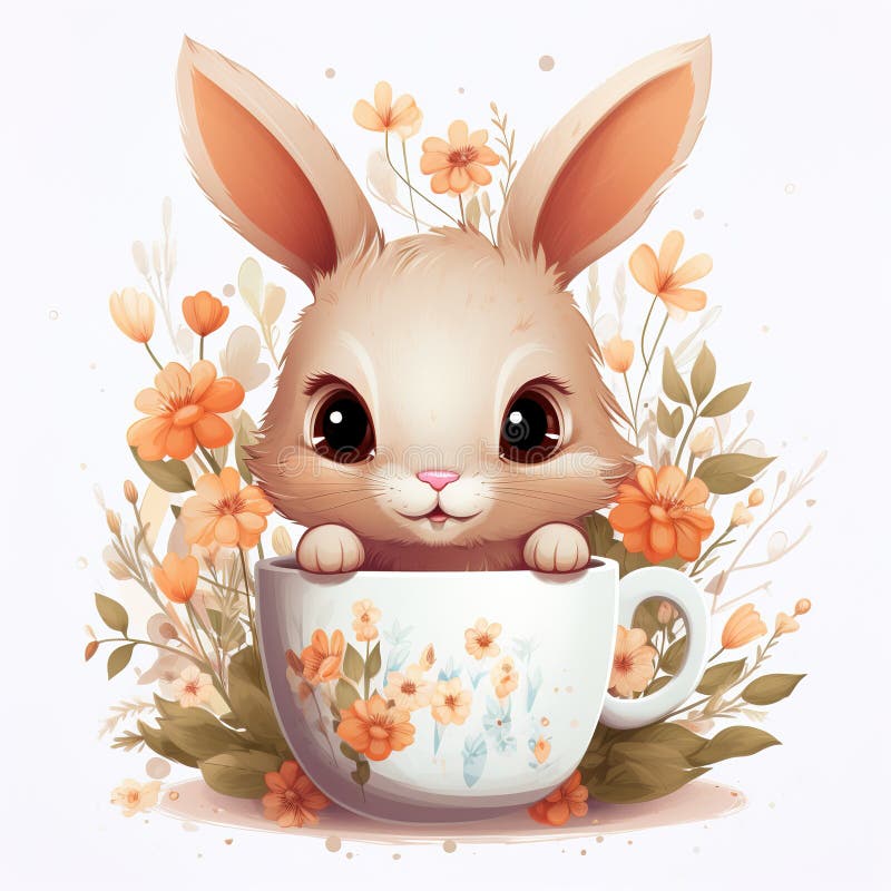 Cute Cartoon Bunny in a Tea Cup Surrounded by Flowers on White ...