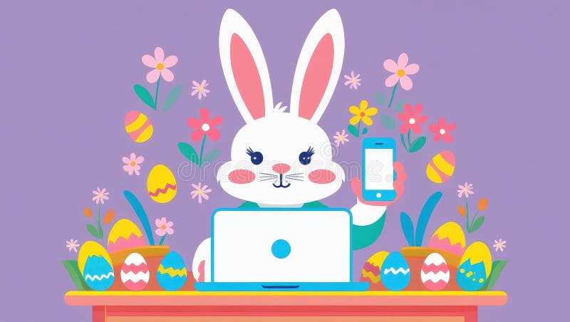 Cute Cartoon Bunny Working Remotely with a Laptop and Smartphone, Surrounded by Colorful Easter ...