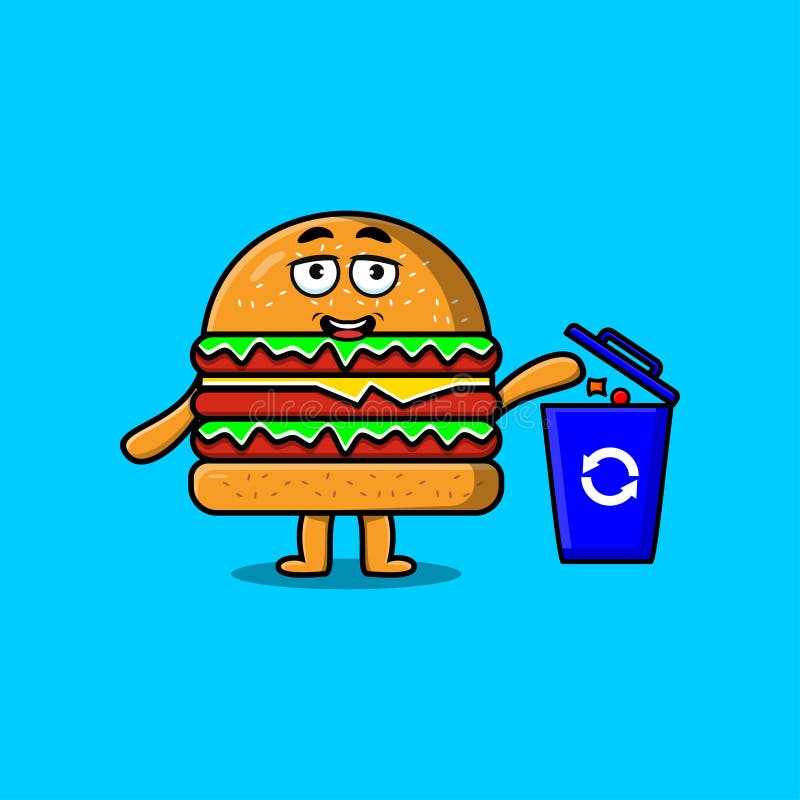 Cute Cartoon Burger Throwing Trash in the Trash Stock Illustration ...