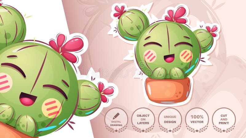 Cute Cartoon Cactus - Funny Sticker Stock Vector - Illustration of ...
