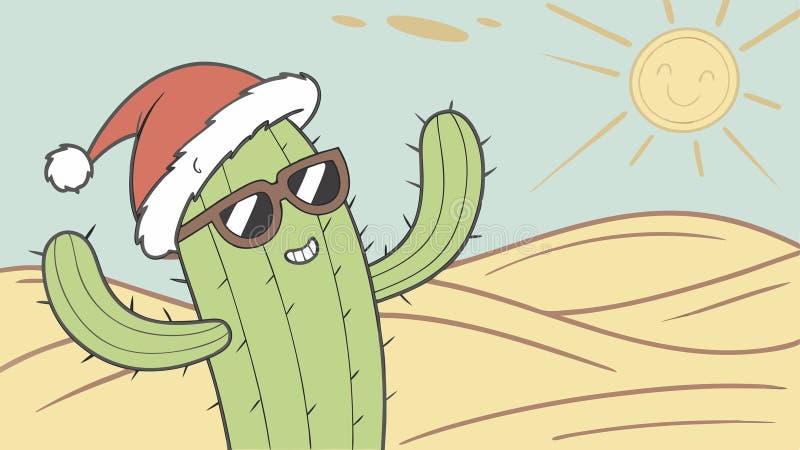 Cute Cartoon Cactus with a Santa Hat and Sunglasses in the Desert Stock ...