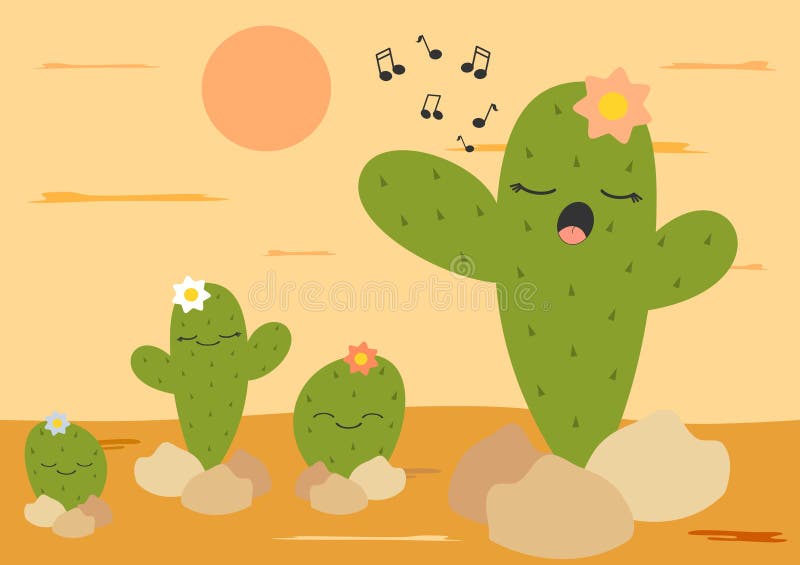 Cute Cartoon Cactus Singing in the Desert Funny Illustration Stock ...