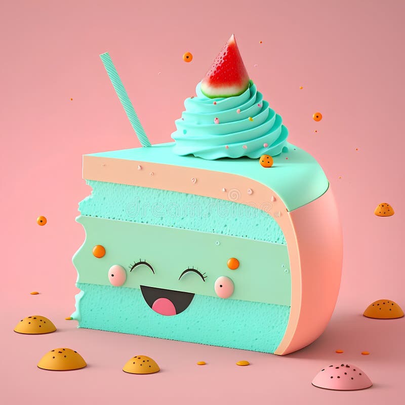 Cute Cartoon Cake with Watermelon on Top, 3d Rendering Stock Photo ...