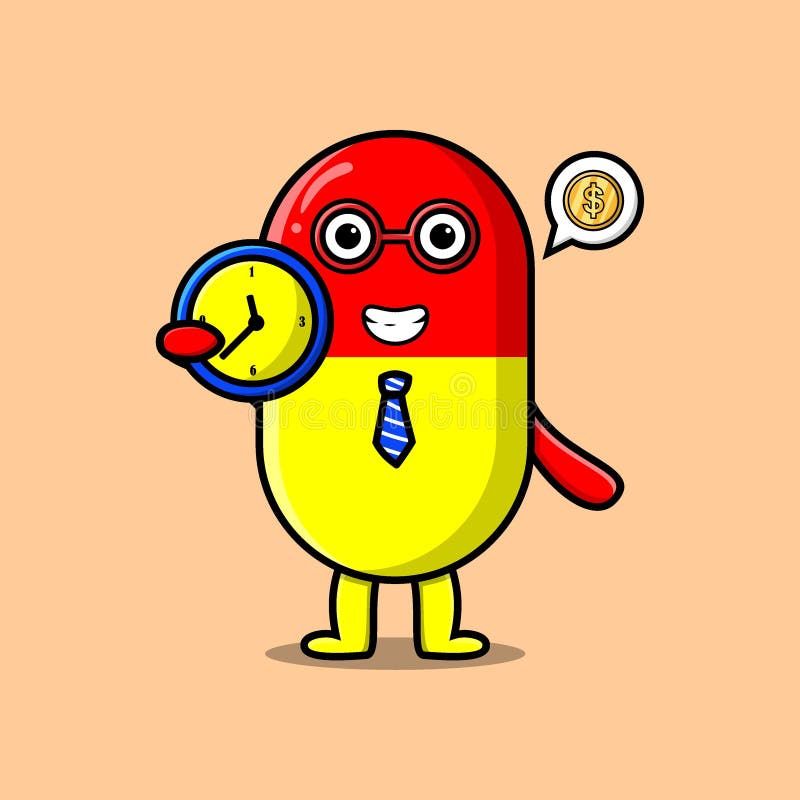 Cute Cartoon Capsule Medicine Holding Clock Stock Vector - Illustration ...