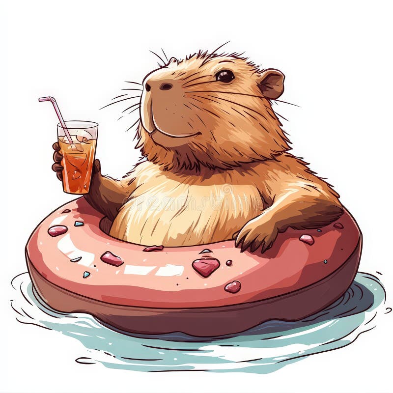 Cartoon Capybara Relaxing with a Cold Drink in a Donut Float Stock ...