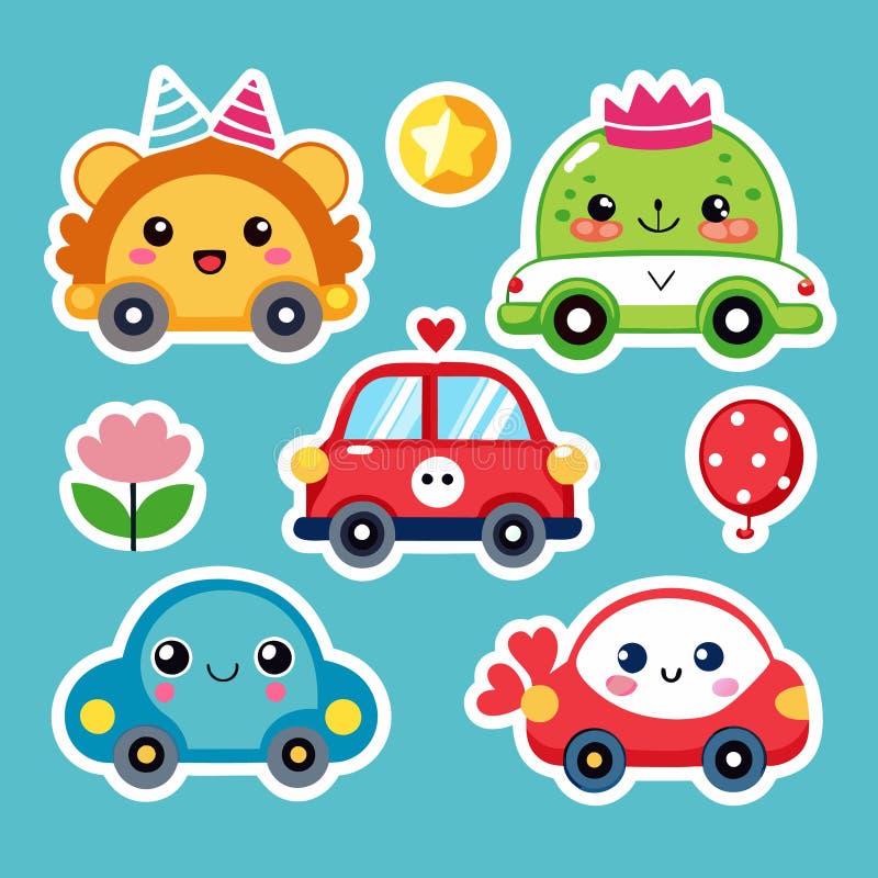 Cute Cartoon Car Stickers with Different Colors and Designs Stock ...