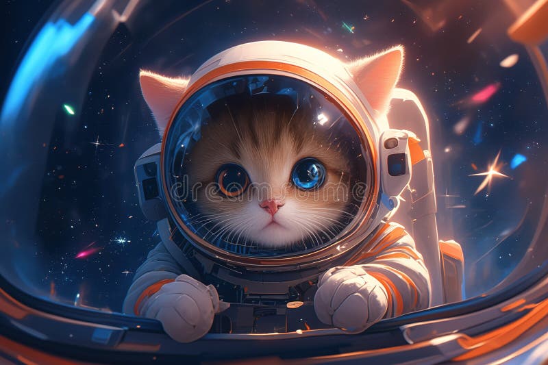 Cute Cartoon Cat Astronaut Wearing Spacesuit in Space Stock ...