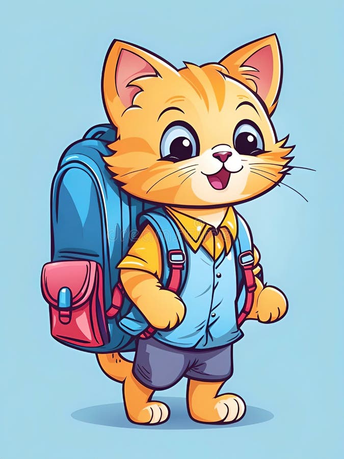 Cute Cartoon Cat with a Backpack. Stock Illustration - Illustration of ...