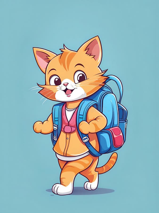 Cute Cartoon Cat with a Backpack. Stock Illustration - Illustration of ...