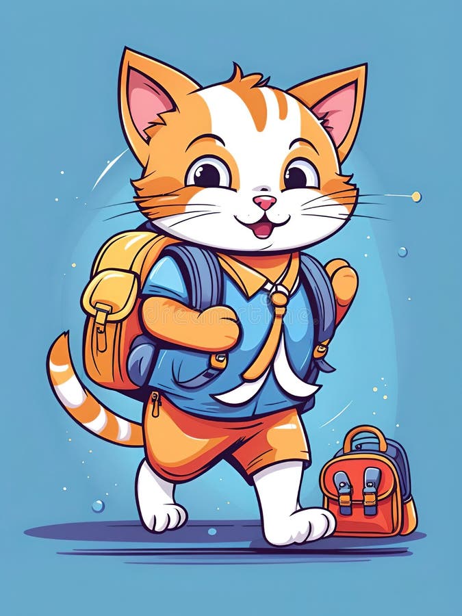Cute Cartoon Cat with a Backpack. Stock Illustration - Illustration of ...