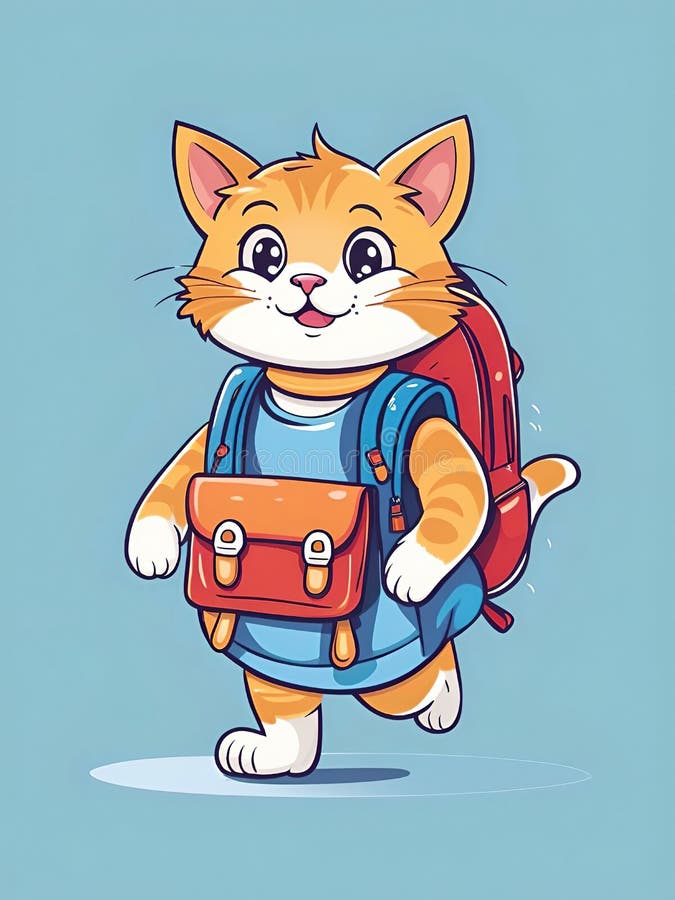 Cute Cartoon Cat with a Backpack. Stock Illustration - Illustration of ...