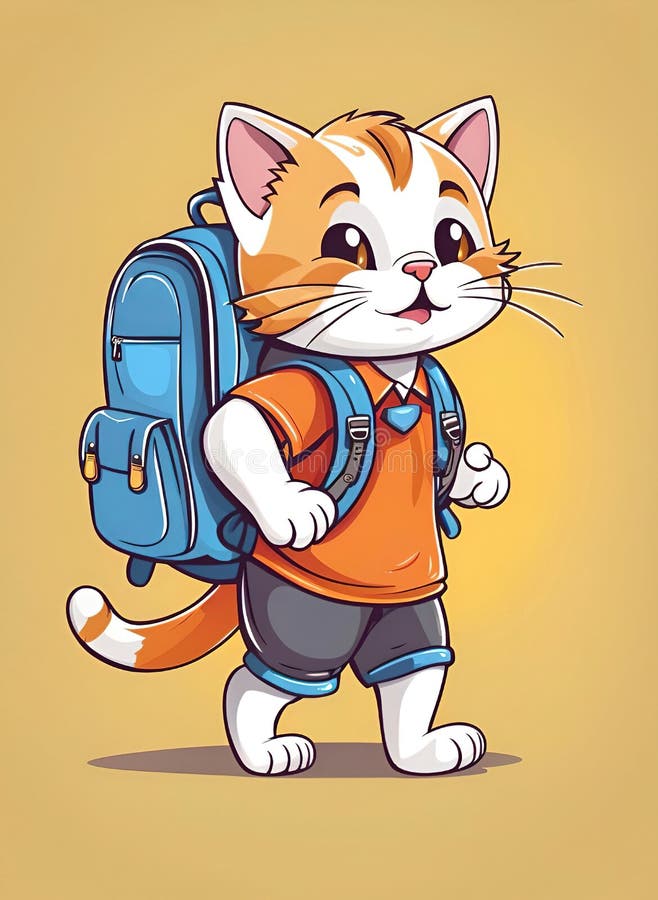 Cute Cartoon Cat with a Backpack. Stock Illustration - Illustration of ...