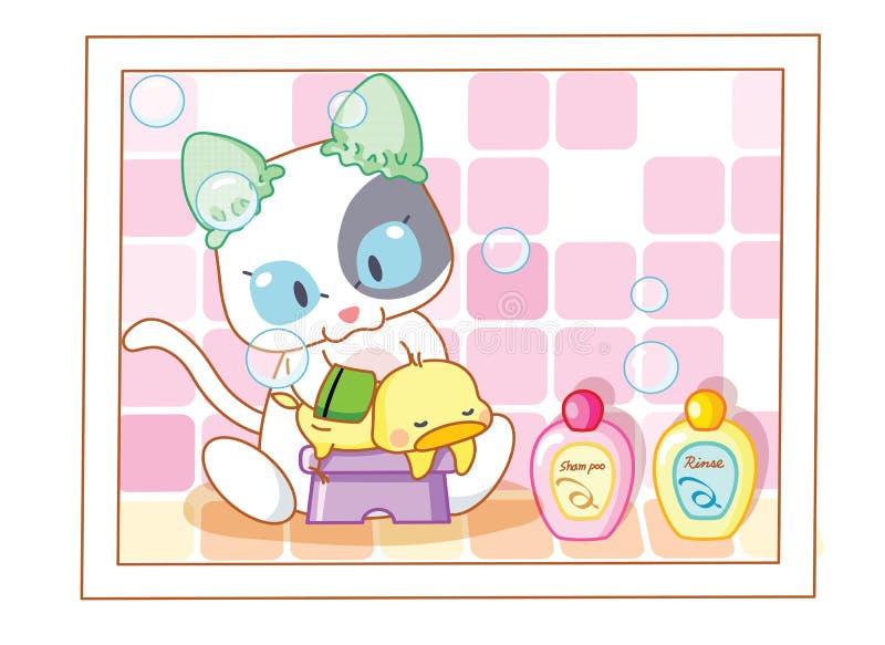Cute Cartoon Cat Bathing Chicks Stock Illustration - Illustration of ...