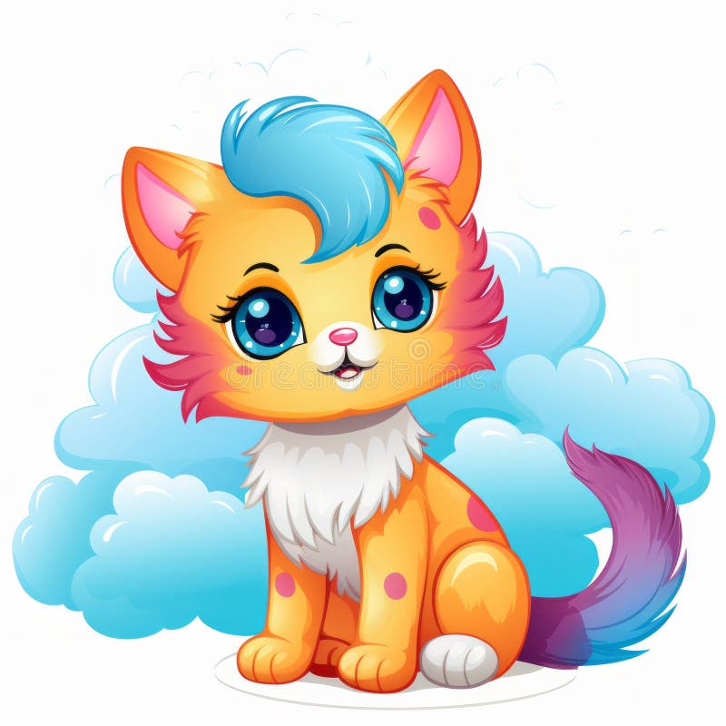 Cute Cartoon Cat with Blue Eyes Sitting on a Cloud Stock Illustration - Illustration of striped ...