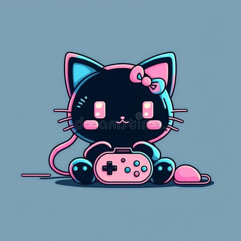 Cute Cartoon Cat Character Gaming with a Retro Controller Stock ...
