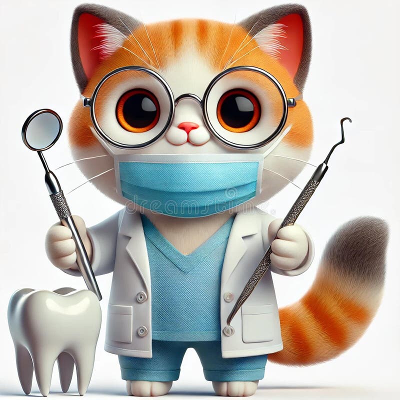 A Cute Cartoon Cat Dressed As a Dentist Holding Dental Tools and a ...