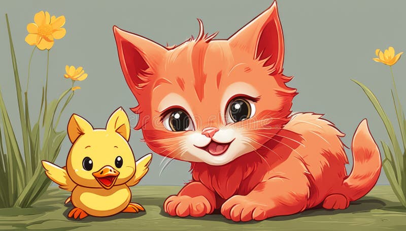 A Cute Cartoon Cat and Duck Sitting Together Stock Illustration ...