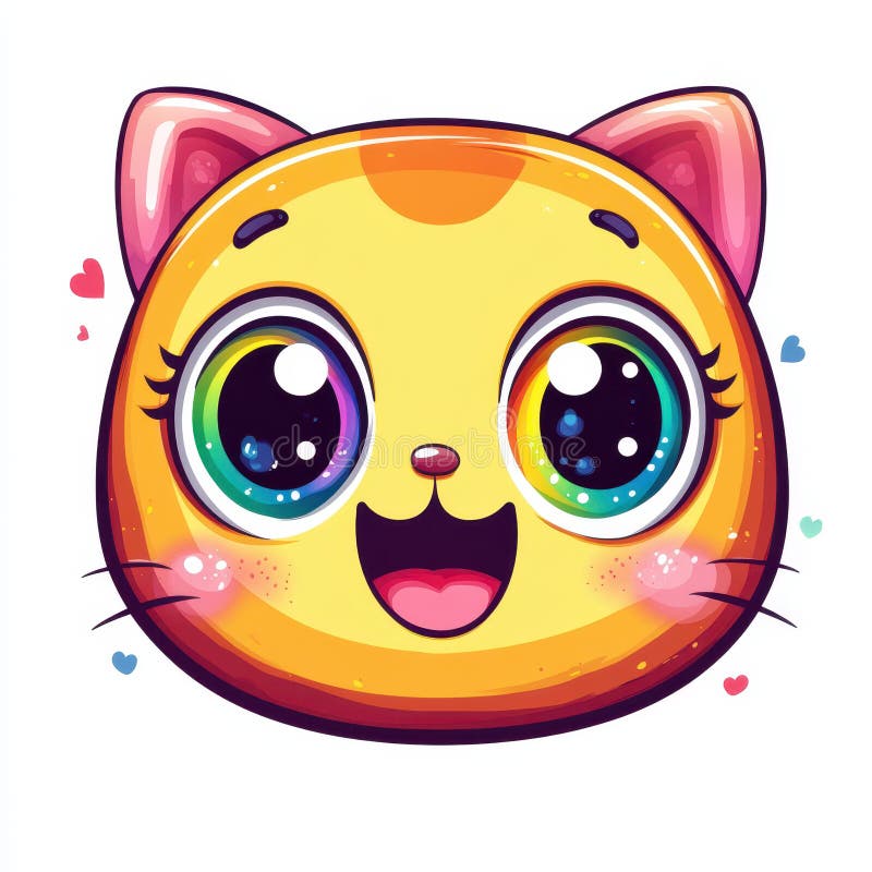 Cute Cartoon Cat Face with Rainbow Eyes and Hearts Stock Illustration ...