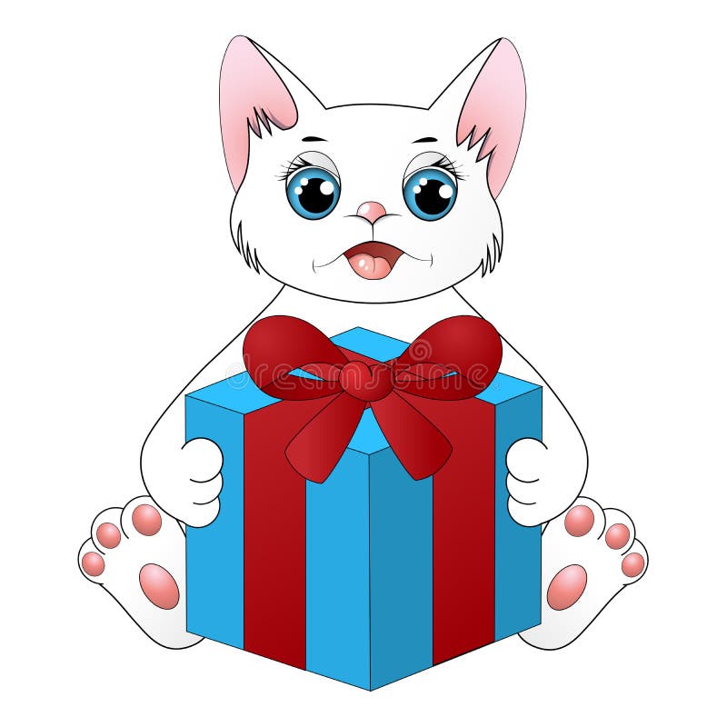Cute Cartoon Cat with a Gift Box Stock Illustration - Illustration of ...