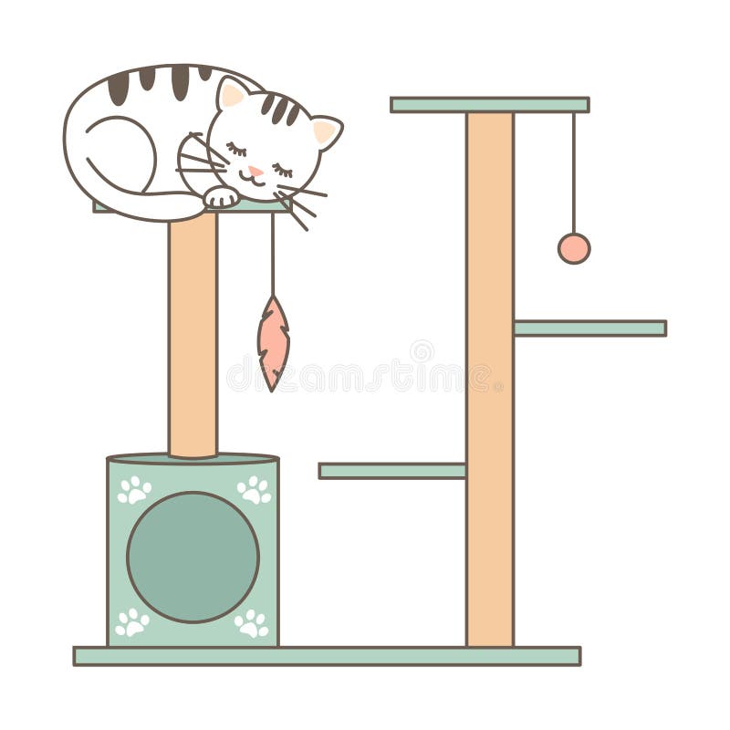 Cute Cartoon Vector Cat House and Scratching Post with Lovely Sleeping ...