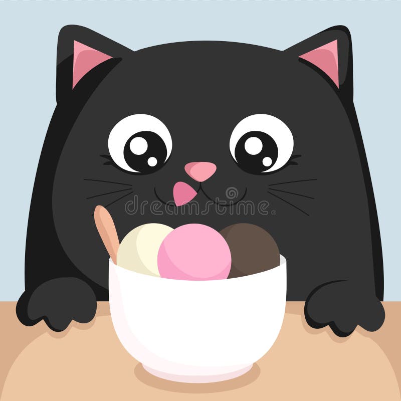 Cute Cartoon Cat is Looking Forward To Ice Cream. Cat is Eating Ice ...