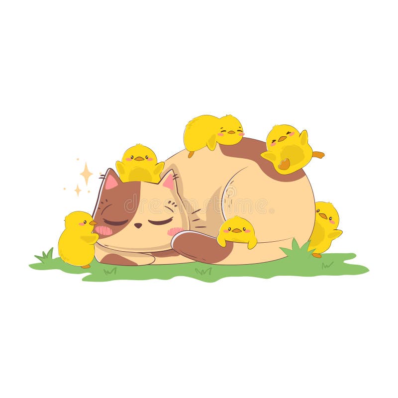 Cute Cartoon Cat with Many Easter Chicks Sleeping Around Him Isolated ...