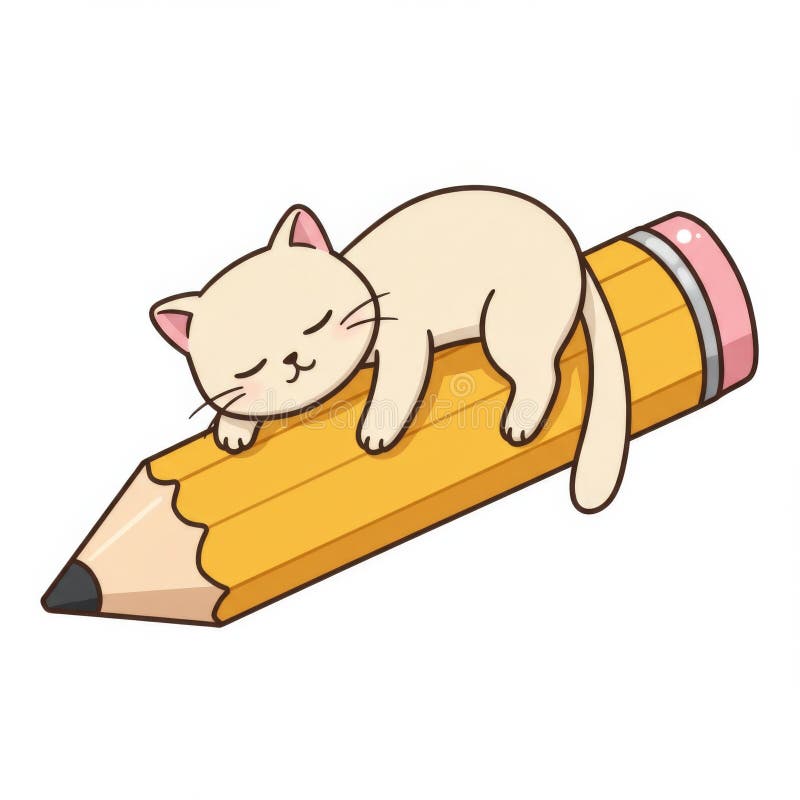 Cute Cartoon Cat Napping on a Yellow Pencil Stock Illustration ...
