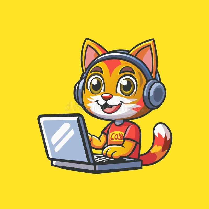 Cute Cartoon Cat Playing with a Computer Vector Logo Character Stock ...
