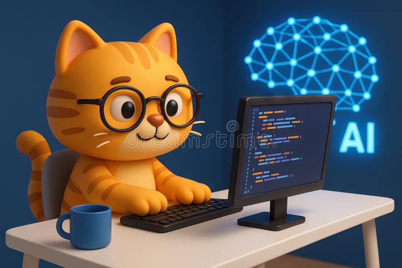 Cute Cartoon Cat Programming at Desk with Coffee Mug and Computer Screen Displaying Code ...