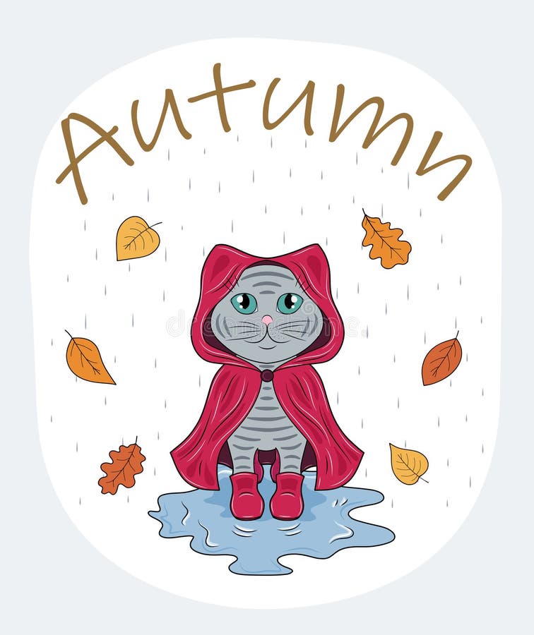 Cute Cartoon Cat in a Raincoat, Autumn Illustration. Stock Vector ...