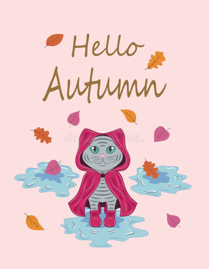 Cute Cartoon Cat in a Raincoat and Leaf Fall, Hello Autumn. Stock ...