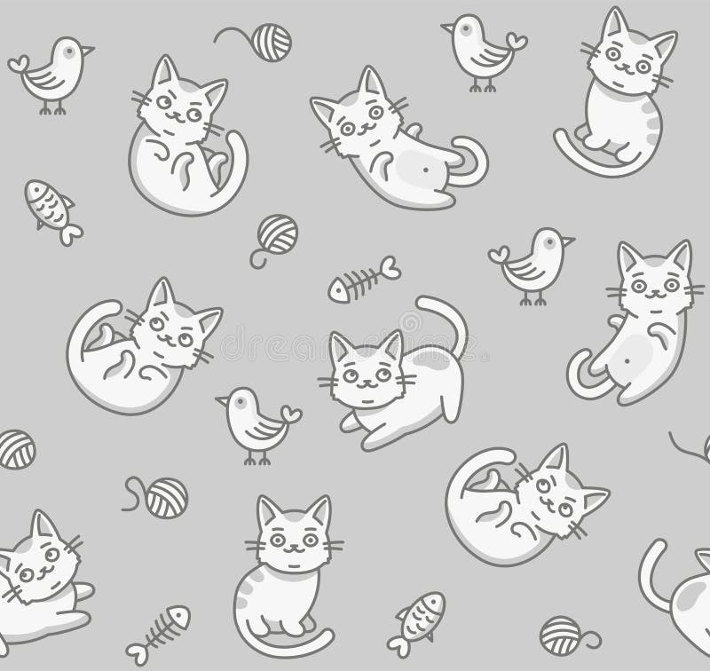 Cute Cartoon Cat Seamless Pattern on Light Background. Vector Stock ...