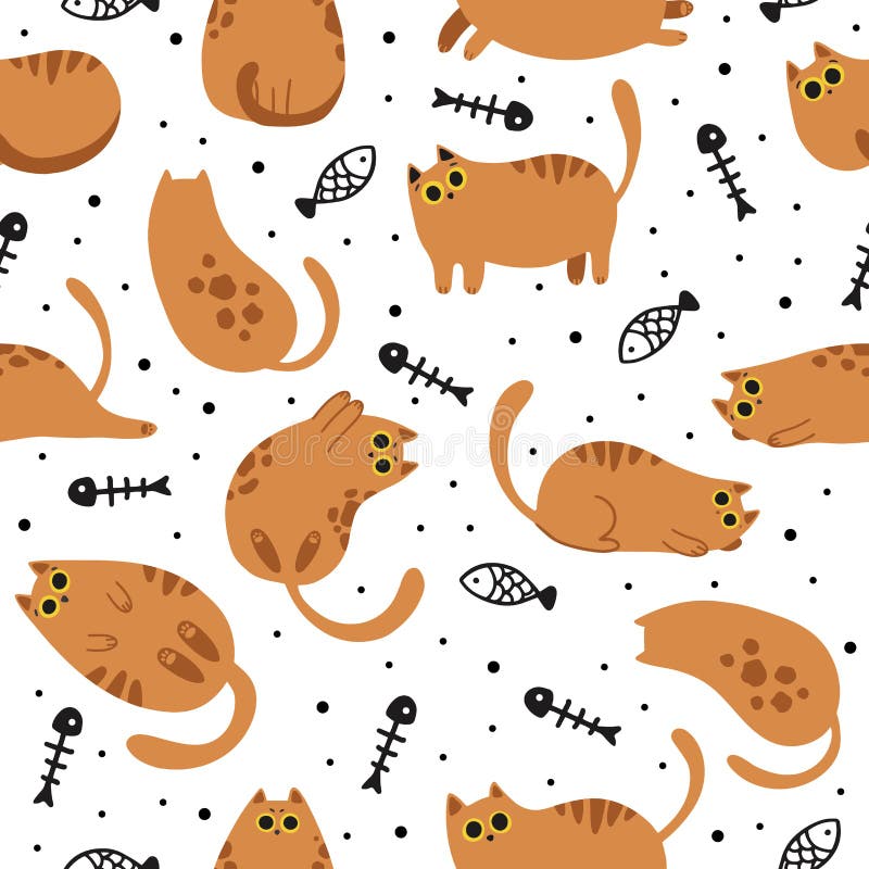 Cute Cartoon Cat Vector Icons, Seamless Pattern and Background Stock ...