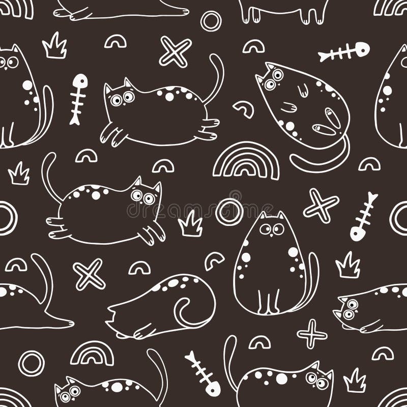 Cute Cartoon Cat Vector Icons, Seamless Pattern and Background Stock ...