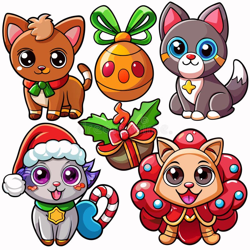 Cute Cartoon Cats and Christmas Ornaments Stock Vector - Illustration ...