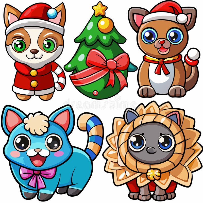 Cute Cartoon Cats and Christmas Tree Stock Vector - Illustration of ...