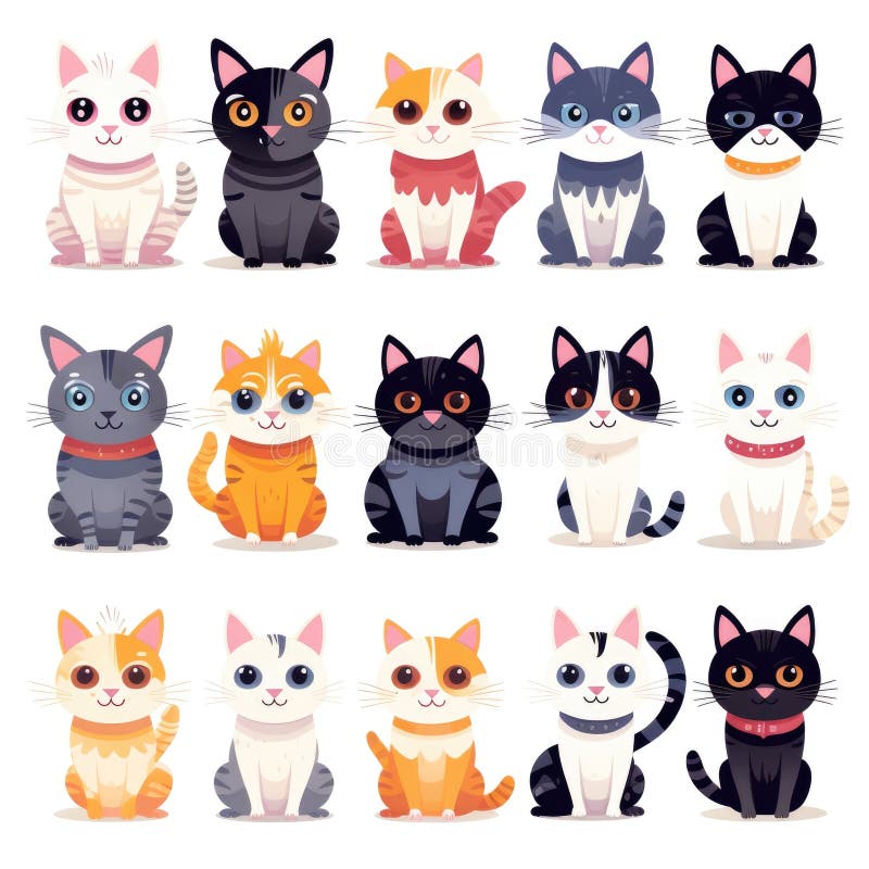 Cute Cartoon Cats with Various Fur Patterns in Adorable Poses Stock ...
