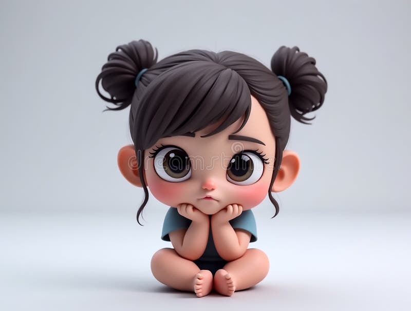 Cute Cartoon Character with Big Eyes and Pouting Expression Sitting on ...