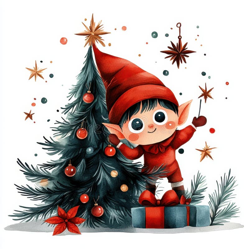 Cute Cartoon Character Celebrating Christmas with Festive Tree Stock ...
