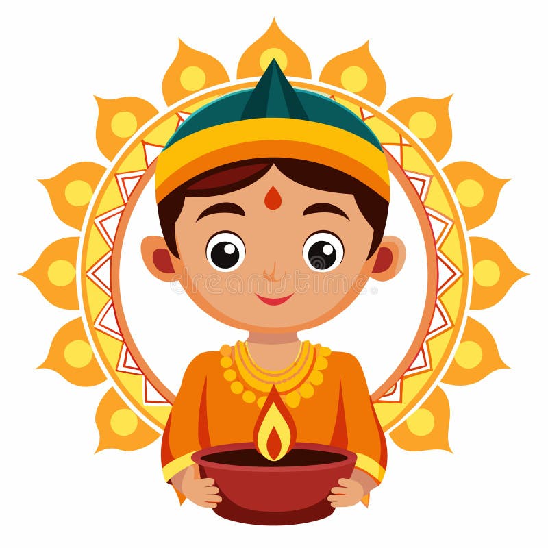 Cute Cartoon Character with a Diya Stock Vector - Illustration of ...