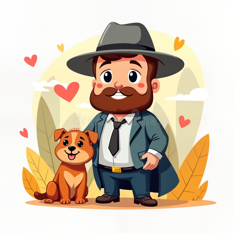 Cute Cartoon Character of Father with Dog. Wearing Suit, Hat. Smiling ...