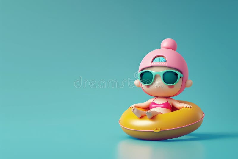 Cute Cartoon Character of a Female Relaxing with a Rubber Pool Ring on ...