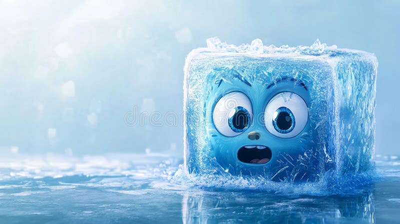 Cute Cartoon Character Frozen in Ice Cube Expressing Surprise Stock ...