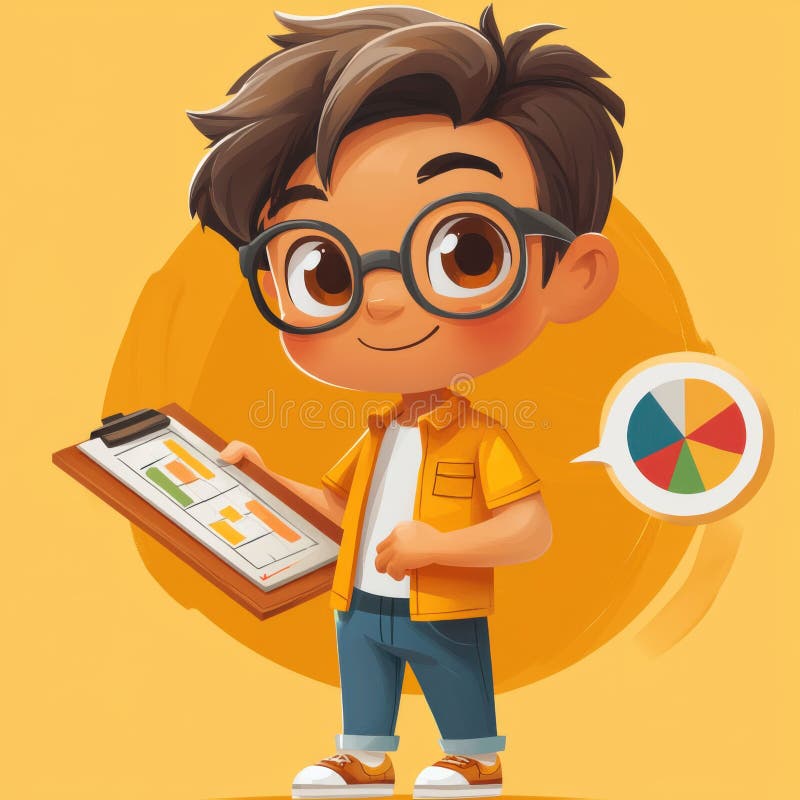 Cute Cartoon Character Holding Clipboard and Pointing at Pie Chart ...